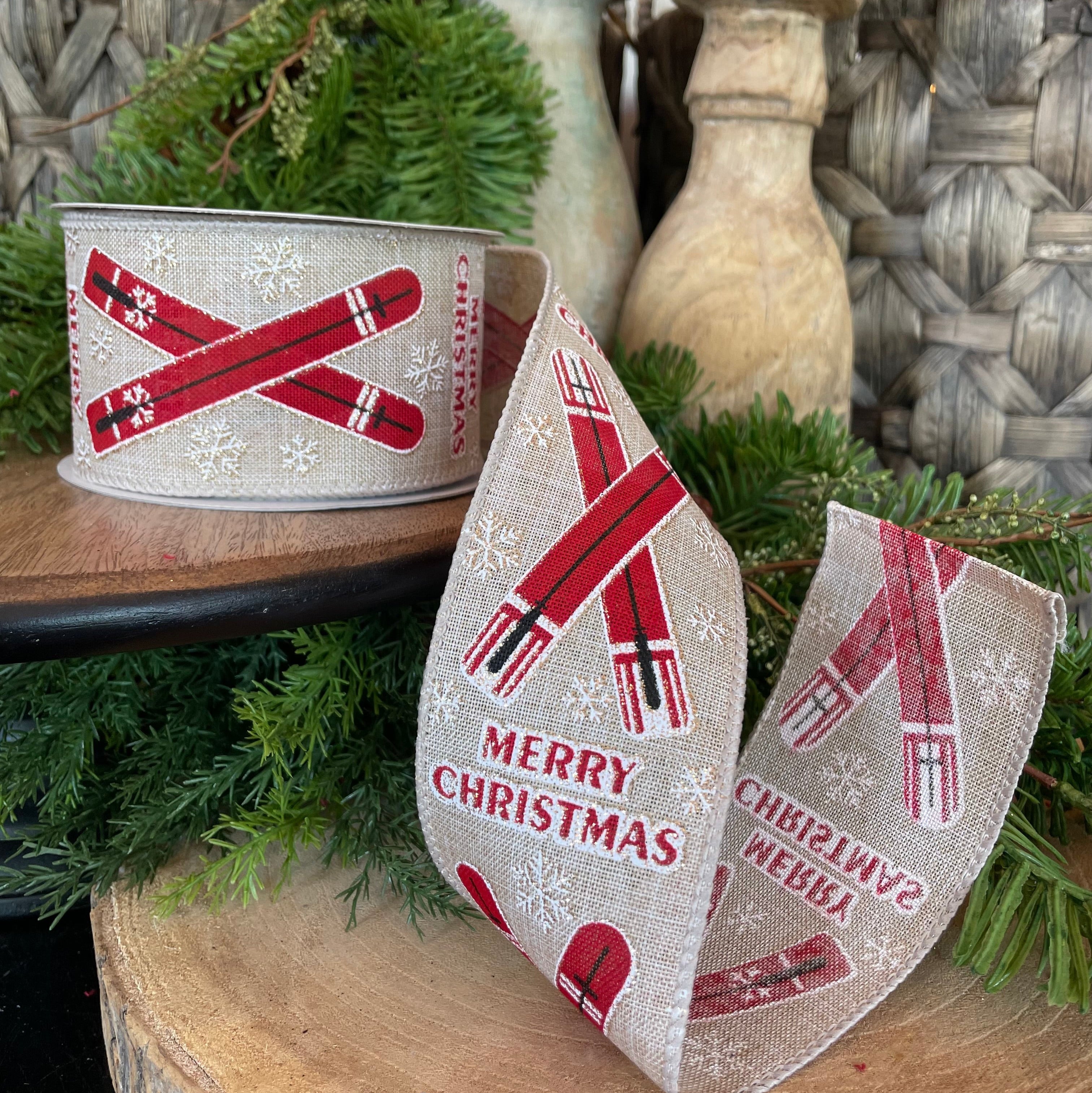 2.5" x 10 YDS Merry Christmas w/Red Ski Ribbon – Bella B Decor
